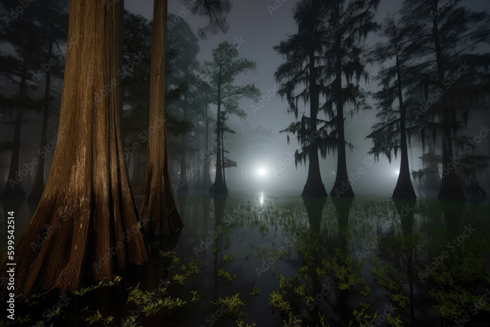 Cypress Trees in a Misty Swamp at Dusk with Fireflies, generative ai ...
