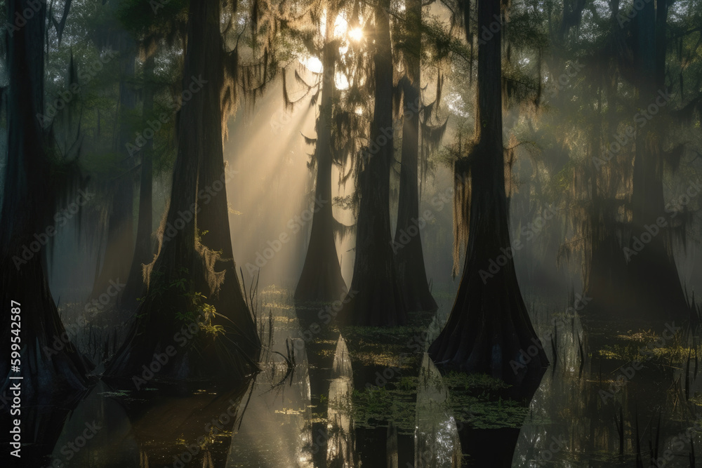 Majestic Cypress Trees in a Misty Swamp with Sun Rays Breaking Through ...