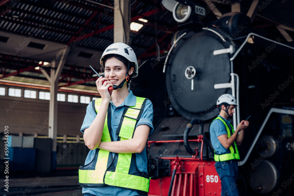 Team of engineer railway wearing safety uniform and helmet under ...