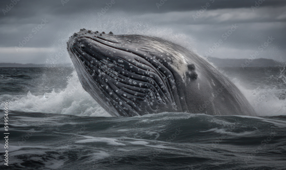 Photo of gray whale majestically breaching the surface of the ocean ...