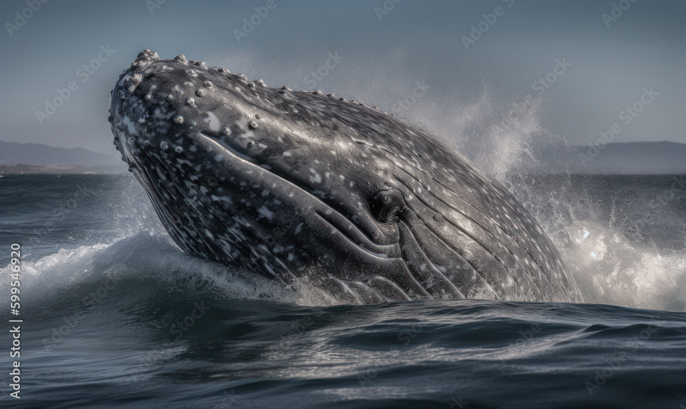 Photo of gray whale majestically breaching the surface of the ocean ...