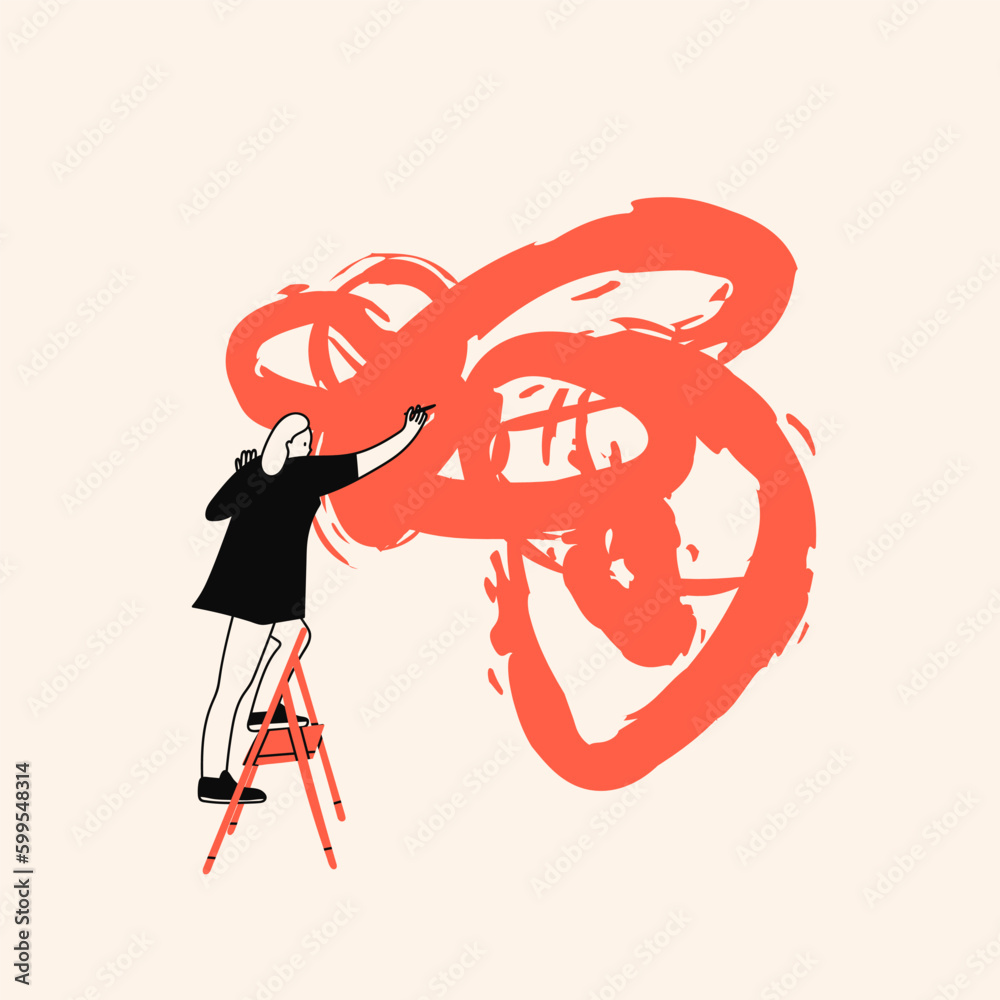Young person standing on step ladder and drawing abstract paining. Back ...