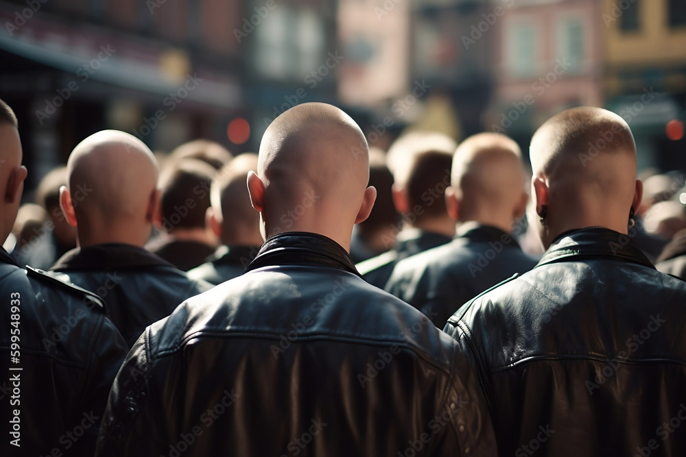 Back view of group of skinhead neo-nazis in leather jackets. 素材庫插圖 ...