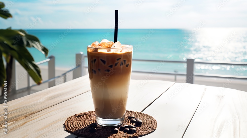 Iced cold coffee at the beach bar with blurred tropical seascape in the ...