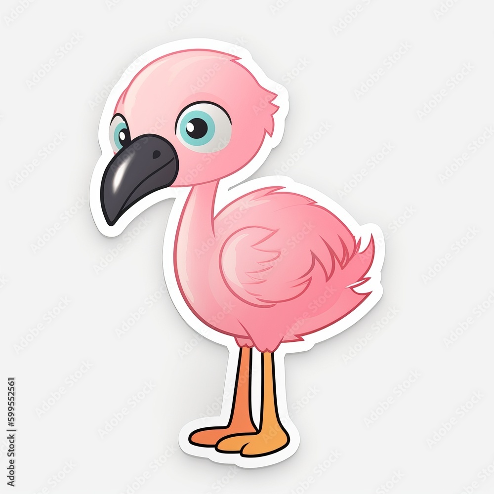 A cute chibi Flamingo sticker with a white background, radiating ...