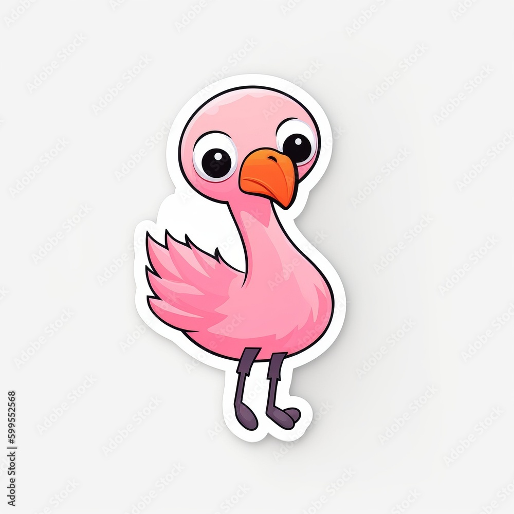 A cute chibi Flamingo sticker with a white background, radiating ...