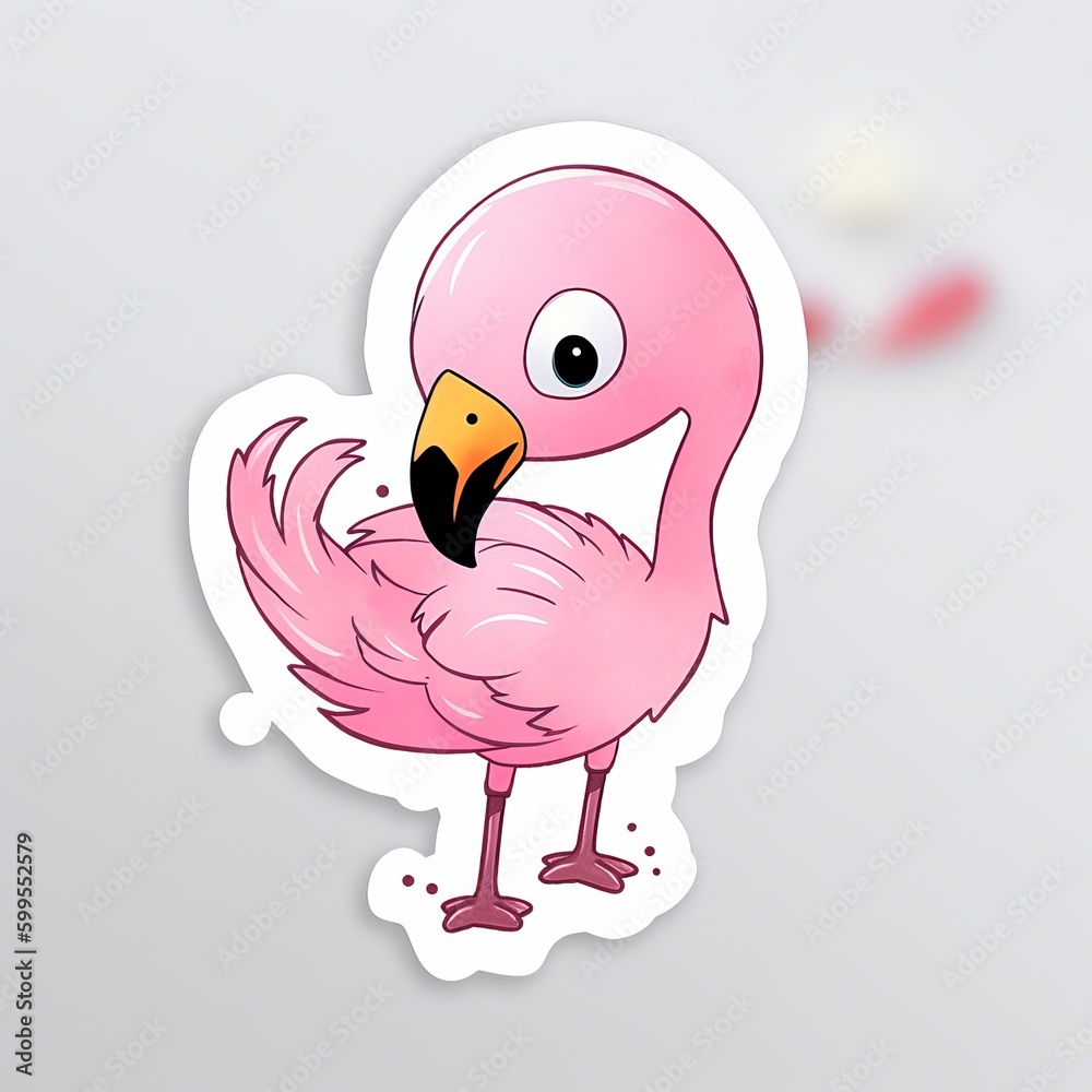 A cute chibi Flamingo sticker with a white background, radiating ...