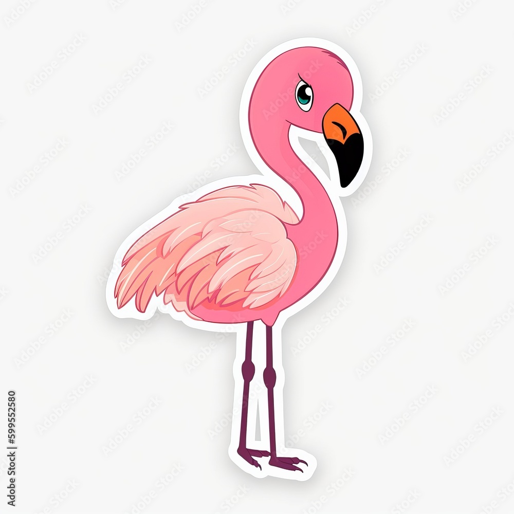 A cute chibi Flamingo sticker with a white background, radiating ...