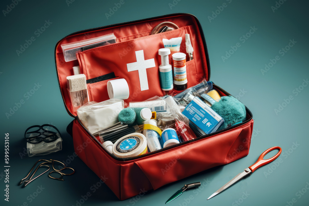 AI Generative Illustration of a red first aid kit with various ...
