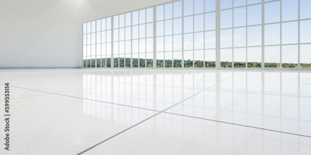 3d rendering of close up white tile floor in perspective view, empty ...