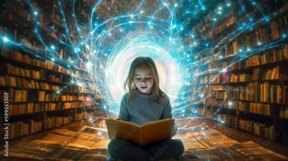 Generative AI Illustration of a girl reading a book while lights and ...