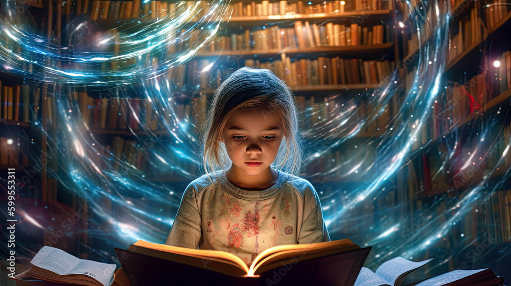 Generative AI Illustration of a girl reading a book while lights and ...