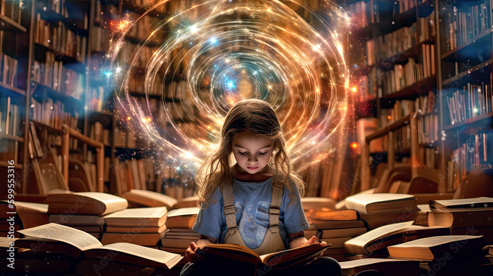 Generative AI Illustration of a girl reading a book while lights and ...