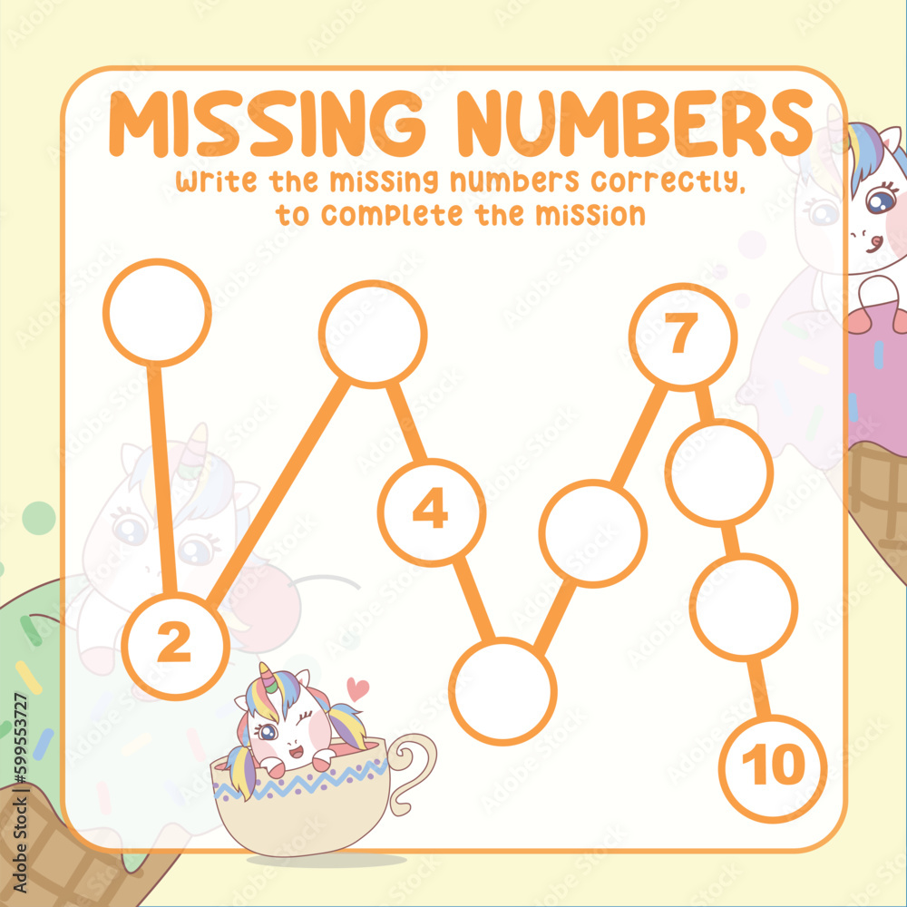 Vetor de Math game for kids. missing numbers page with colourful and ...