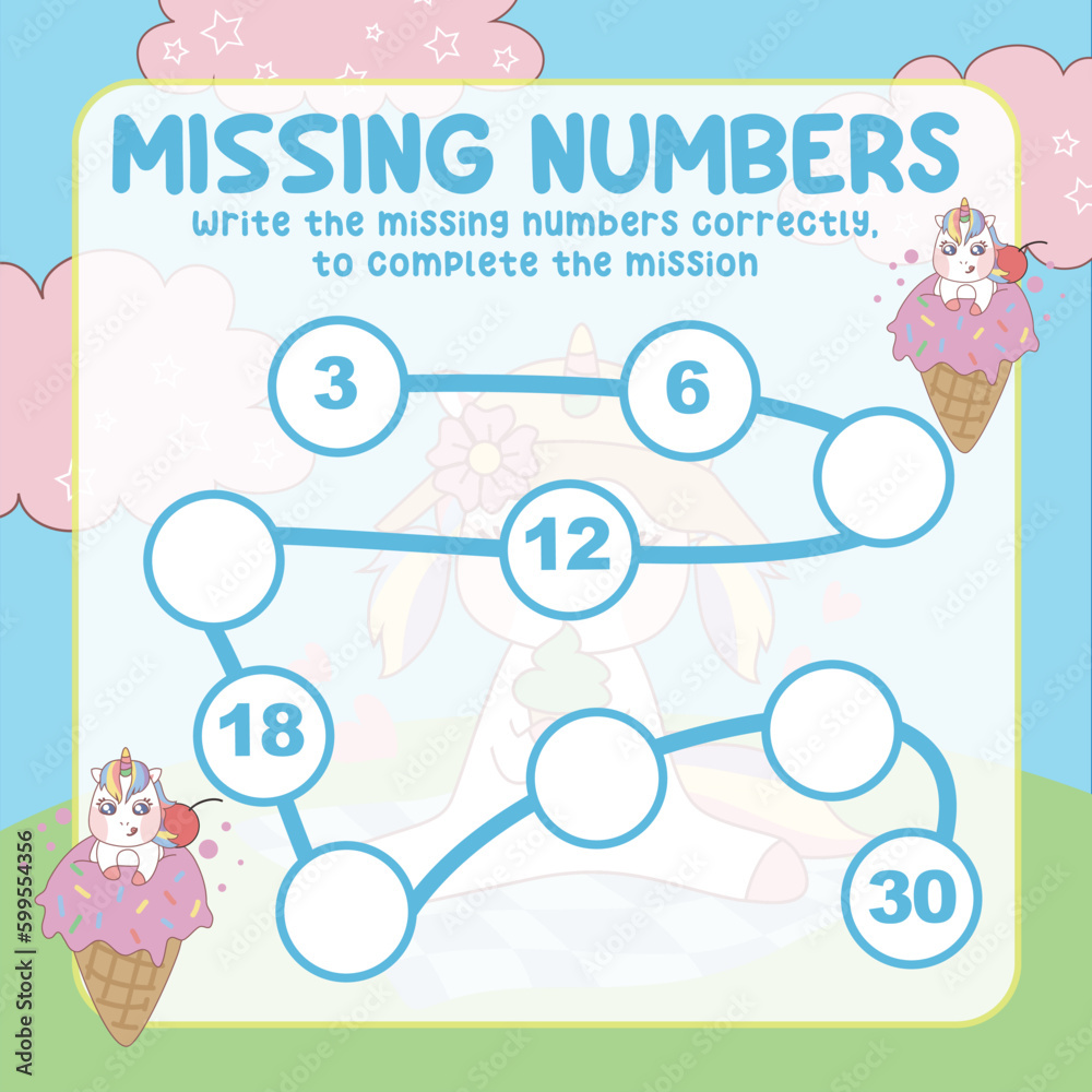 Math game for kids. missing numbers page with colourful and cute ...