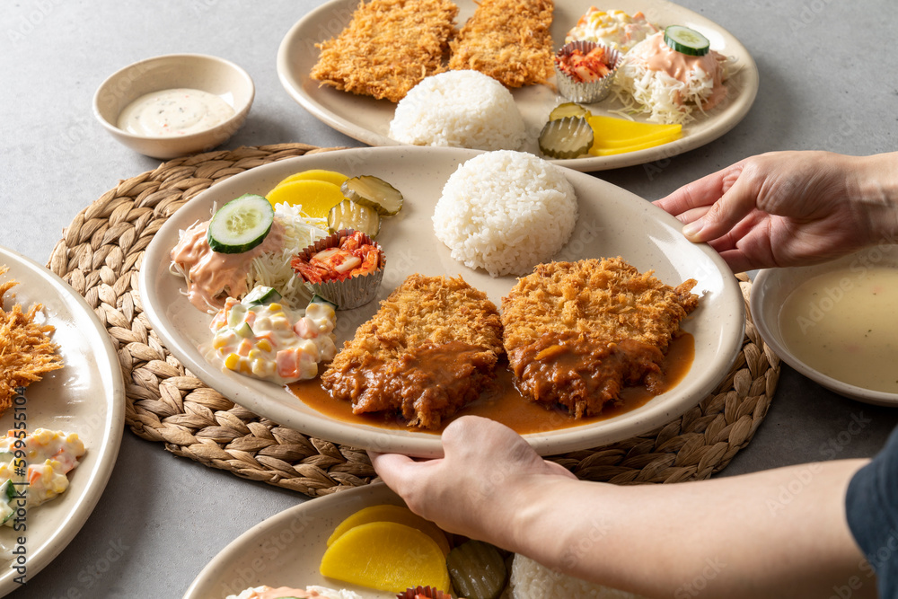 Pork cutlet set meal Korean food dish meal dongaseu Tonkatsu Fish ...