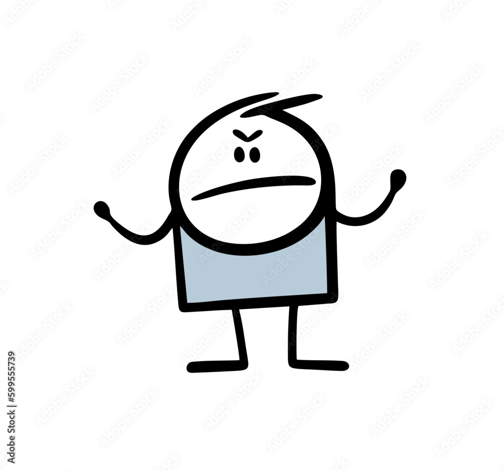 Angry 2D cartoon stickman spreads his arms and catches, stops the ball ...