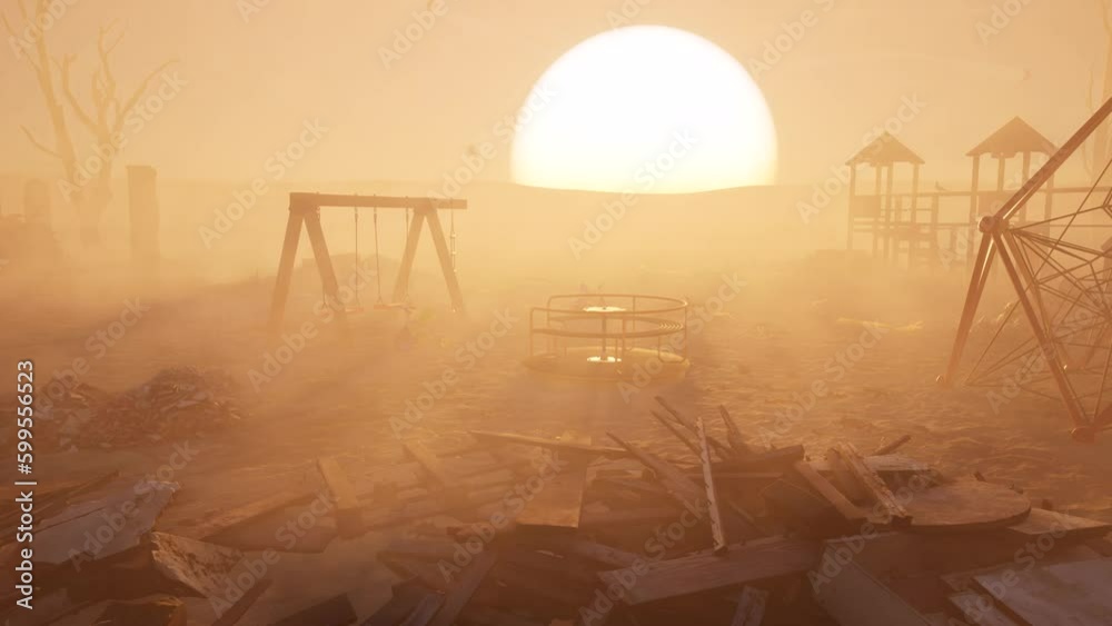 Playground ruins in the desert in front of a large sun, with volumetric ...