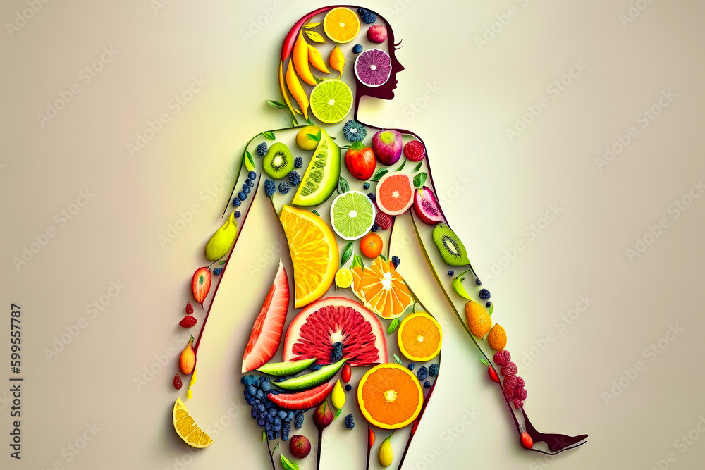 Fruits and vegetables in the shape of woman body, food concept. Ai ...