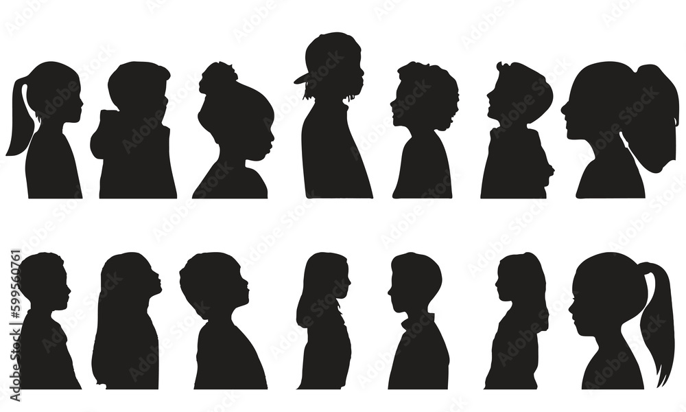 Set of kid children boy and girl silhouette on a white background. Side ...