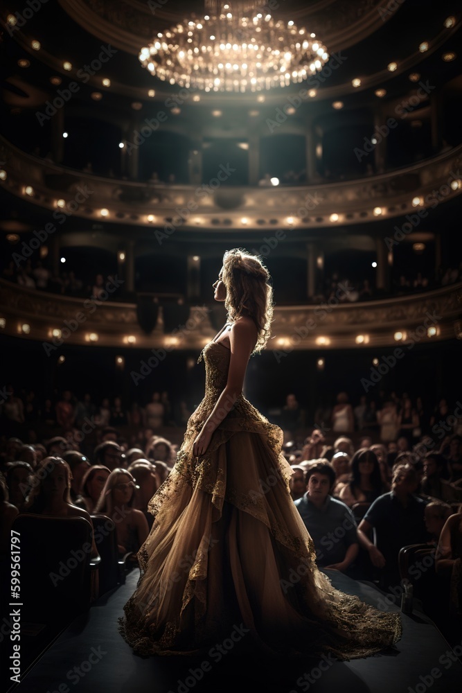 Opera singer woman with elegant dress standing in front of big audience ...