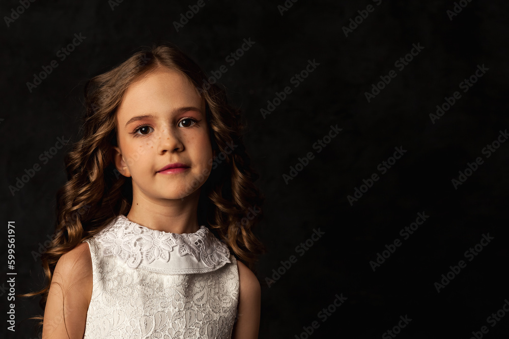 Portrait of little cover girl with freckles in doll image isolated in ...