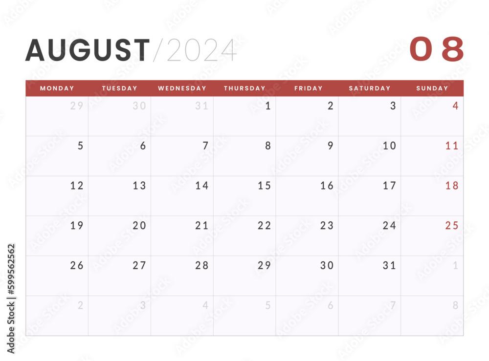 Monthly Calendar Template of august 2024. Vector layout of a wall or ...