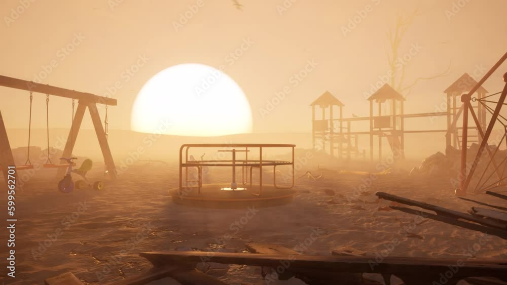 Playground ruins in the desert in front of a large sun, with volumetric ...