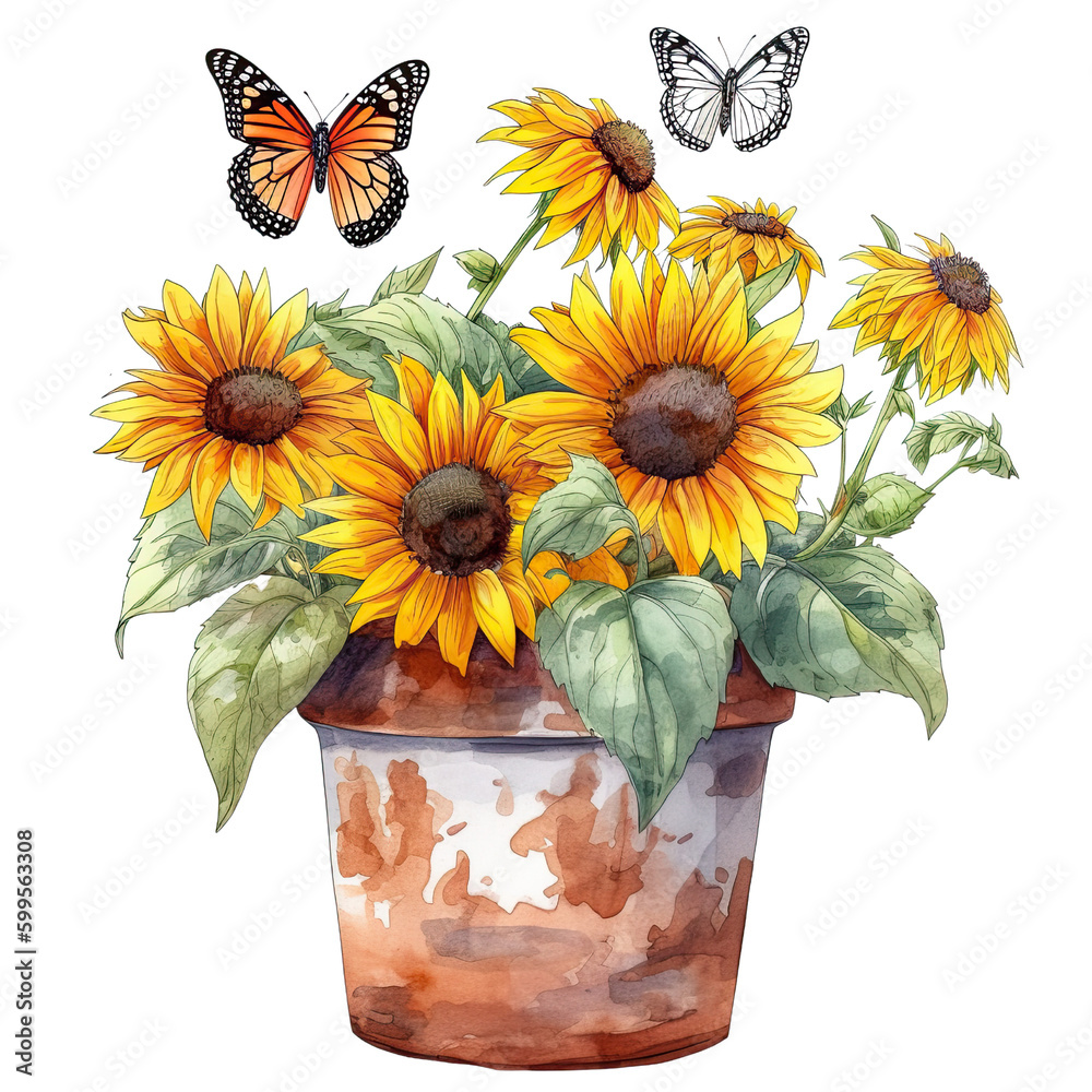 Sunflowers in pot and butterflies Watercolor Clipart Sublimation ...