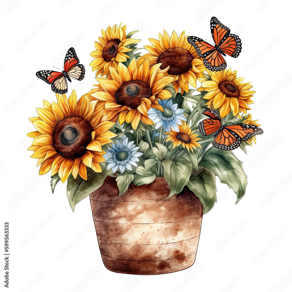 Sunflowers in pot and butterflies Watercolor Clipart Sublimation ...