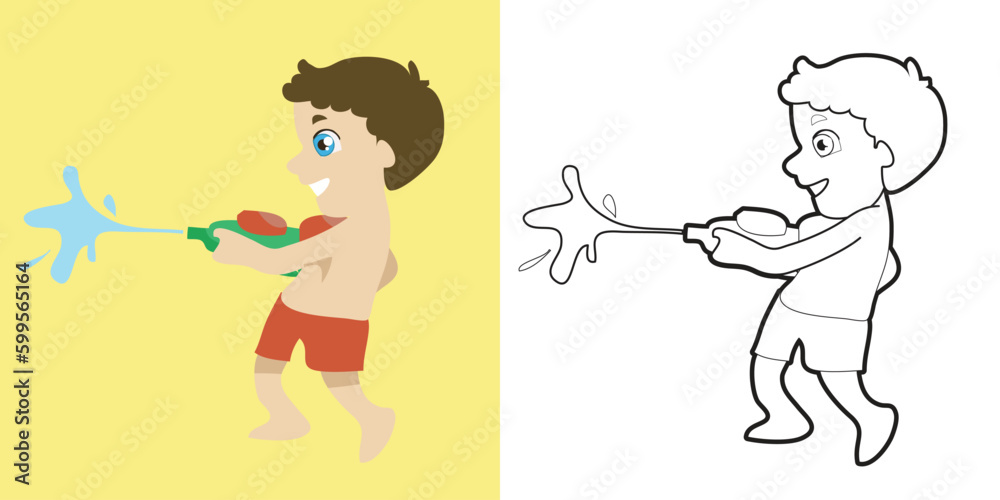 Coloring page outline of young boy playing the water guns during the ...
