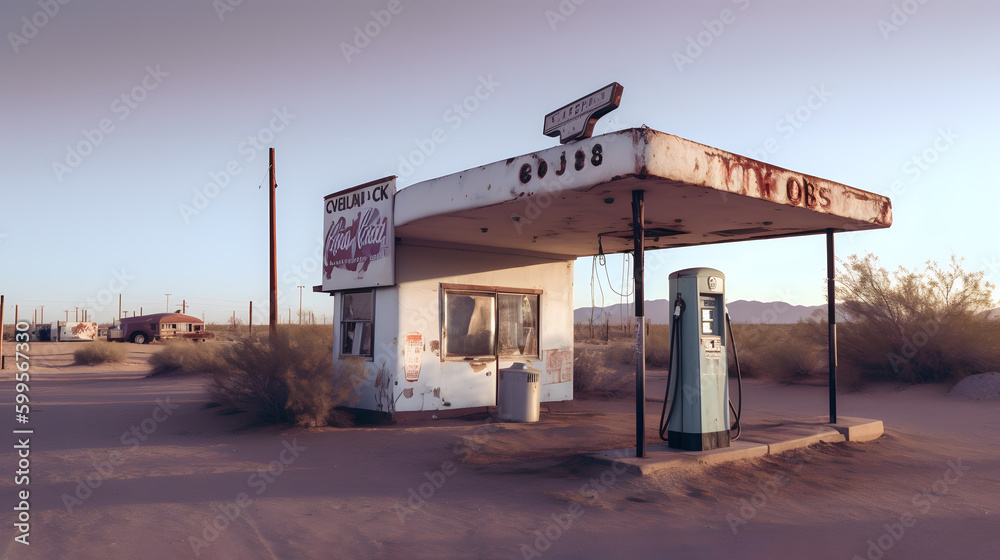 Illustrative drawing of an abandoned gas station on the desert road ...