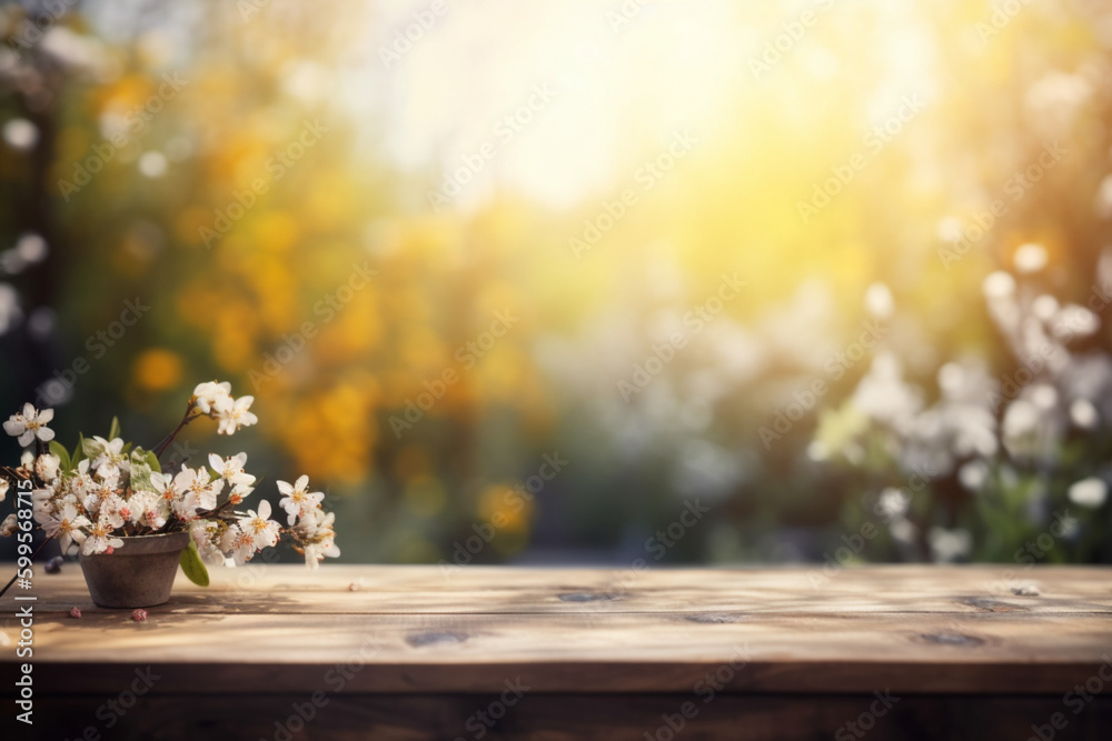 Empty wooden table with spring flowers and butterflies and sunny garden ...