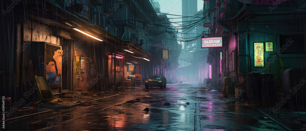 light reflects off the surface of a grimy cyberpunk city street ...