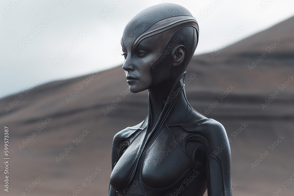 Biomorphic grey alien female portrait. Stands on dim ethereal landscape ...