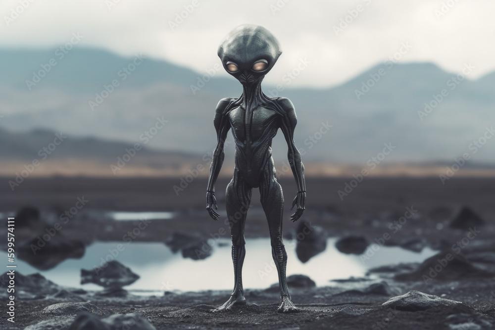 Biomorphic grey alien stands in front of UFO. Dim ethereal landscape ...