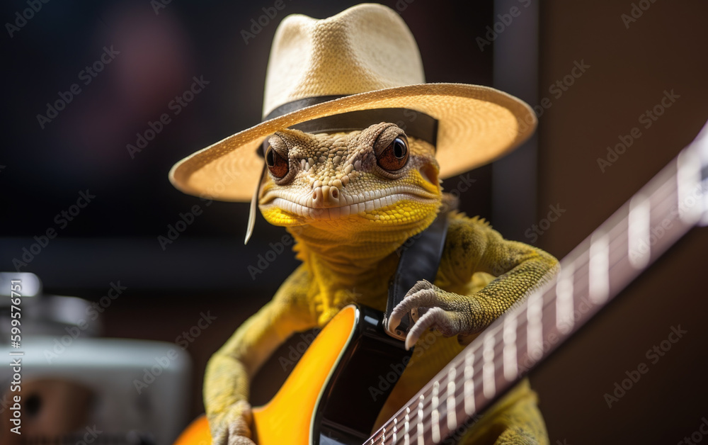 ภาพประกอบสต็อก lizard playing guitar wearing hat and sunglasses created ...