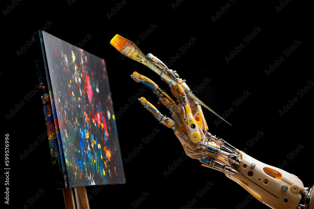 Robotic arm holding a paintbrush creating art, showing creative ...