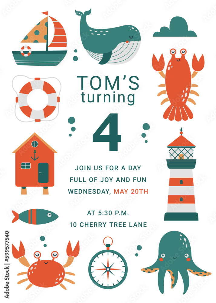 Funny design of childish birthday party invitation with sea animals ...