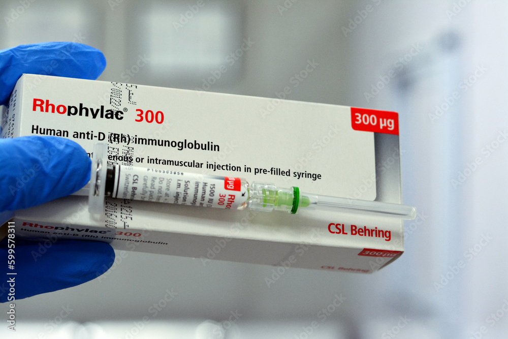Cairo, Egypt, May 2 2023: Human anti-D (Rh) immunoglobulin Rhophylac ...