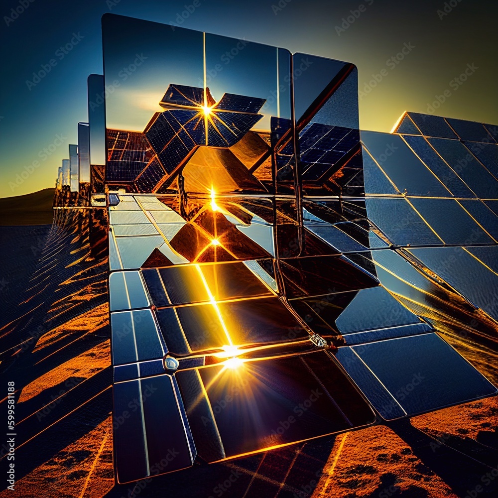 picture of solar batteries in a desert with mountains and big city ...