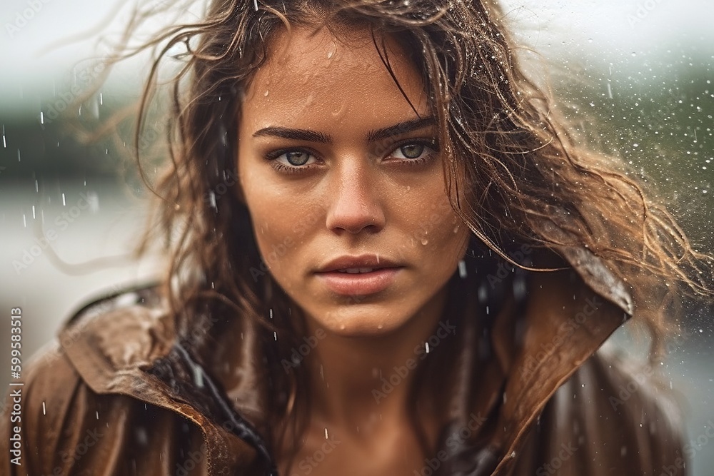 Amidst the heavy rain, a 30 y.o. pretty woman with light brown wet hair ...