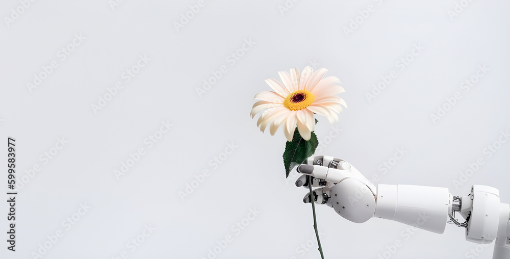 Human like Robot holding super realistic single daisy flower with copy ...