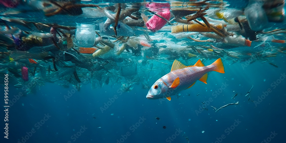 A fish swims among the pollution of the ocean with a plastic bag ...