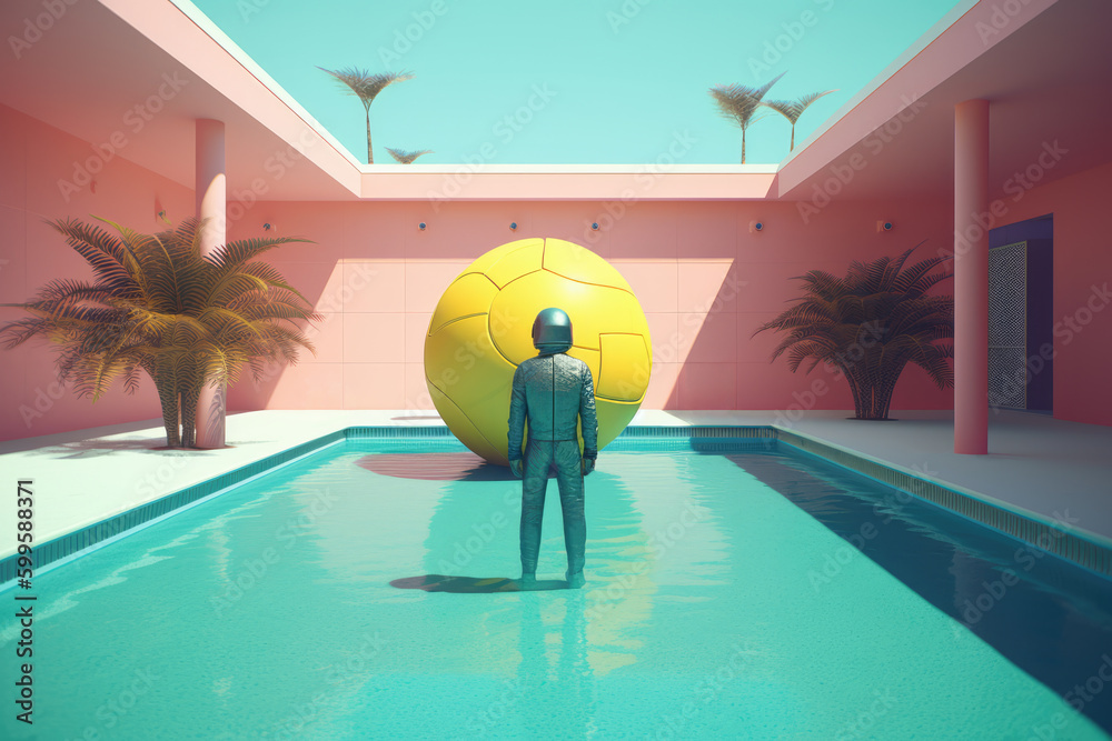 Generative AI image back view of fictional person standing on water ...