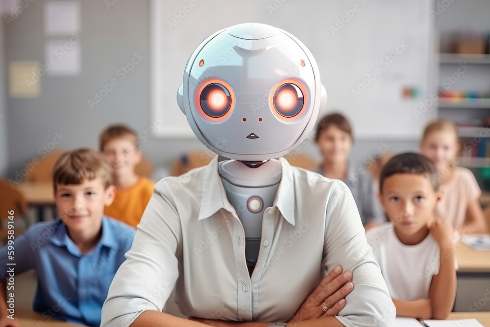Portrait of a female robot teacher in the classroom. Generative AI ...