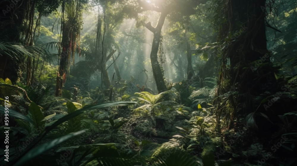 A dense jungle with dangerous animals and hidden Generative AI Stock ...