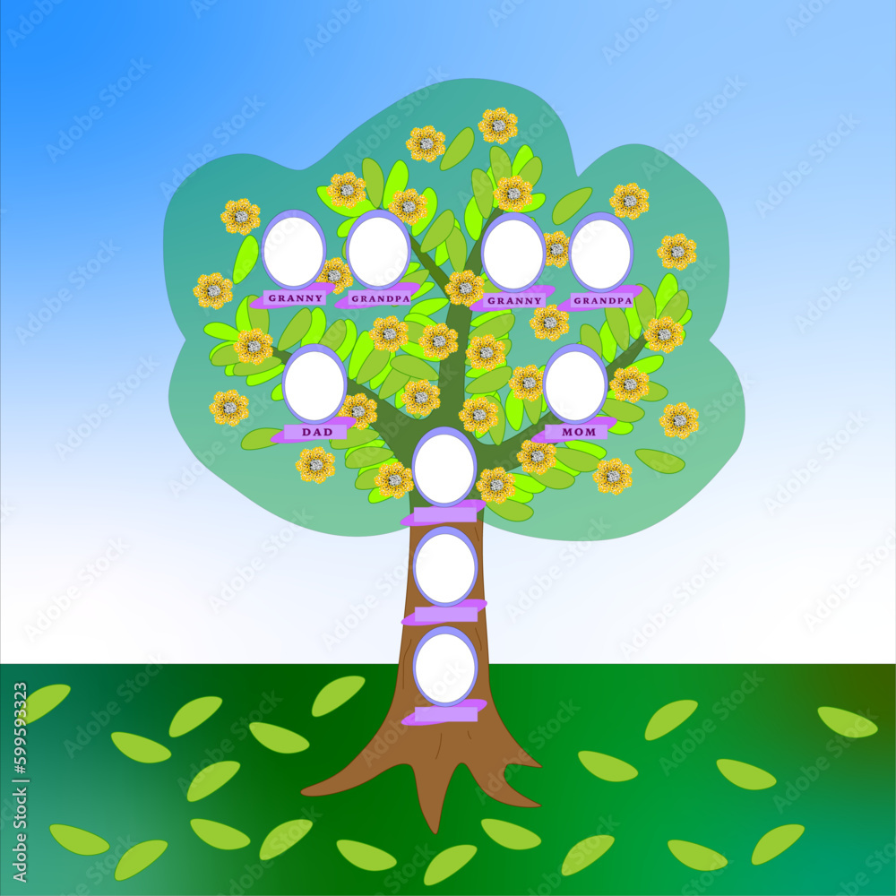 Family tree with yellow flowers. Diagram showing three generation ...