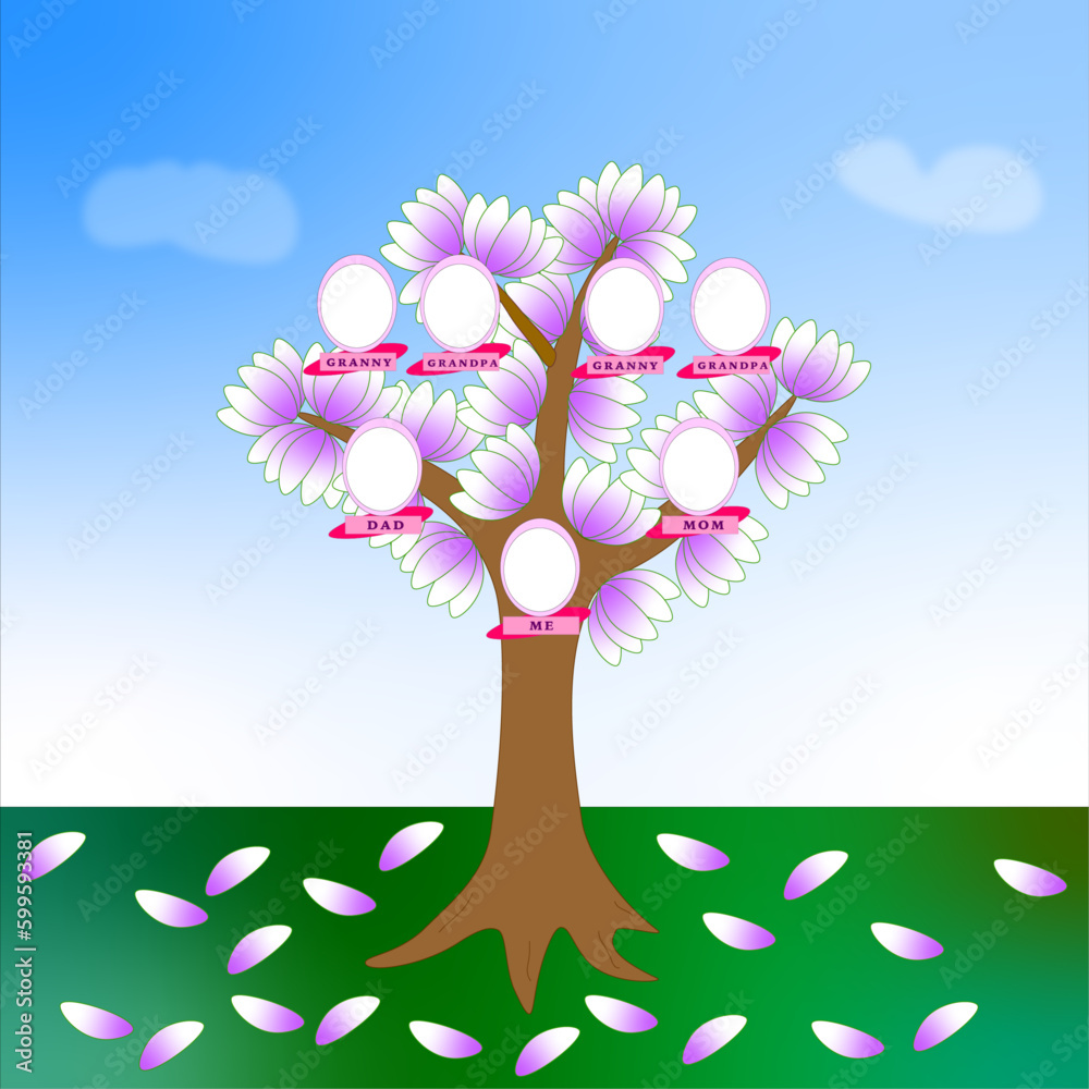 Vetor de Family tree with pink flowers. Diagram showing three ...