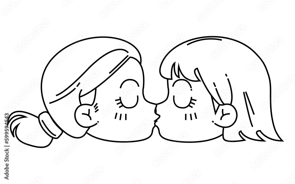 Dos chicas besándose. Dos mujeres estando muy cerca. Dibujo de línea de ...